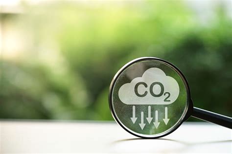 Co2 감소를 위한 녹지 배경의 돋보기 유리 내부의 Co2 감소 아이콘 탄소 발자국 및 탄소 배출권은 기후 변화로 인한 지구 온난화를 제한하기 위한 바이오 순환 녹색 경제