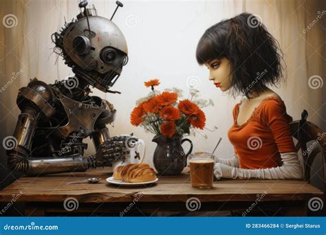 A Woman Sitting At A Table In Front Of A Robot Generative Ai Image Stock Illustration