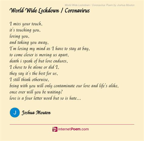 World Wide Lockdown Coronavirus Poem By Joshua Mouton
