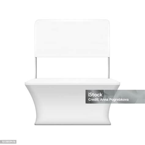 흰색 배경 벡터 모형에 분리된 빈 간판 보드가 있는 휴대용 전시 카운터 무역 박람회 판촉 테이블 진열대에는 헤더 배너 모형이 있습니다 디자인용 템플릿 3차원 형태에 대한