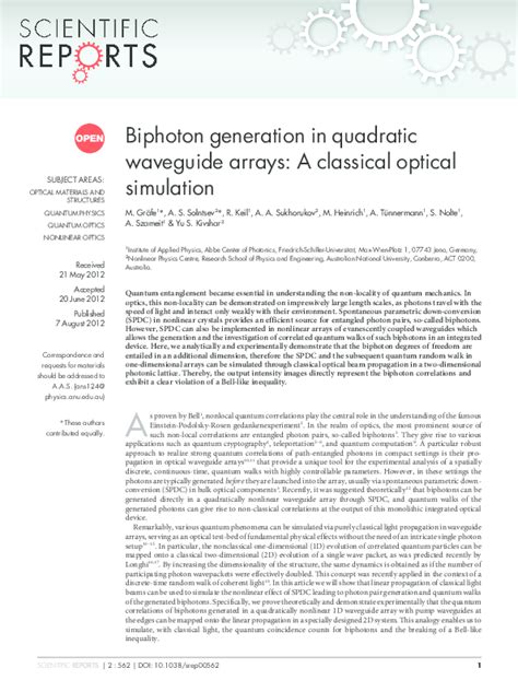 Pdf Biphoton Generation In Quadratic Waveguide Arrays A Classical Optical Simulation