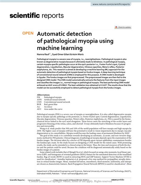 Pdf Automatic Detection Of Pathological Myopia Using Machine Learning