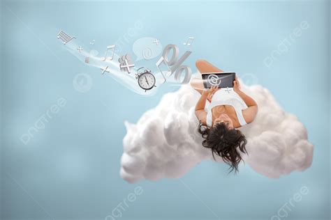Brunette Girl Connecting To Cloud Computing Cloud Wireless Digital