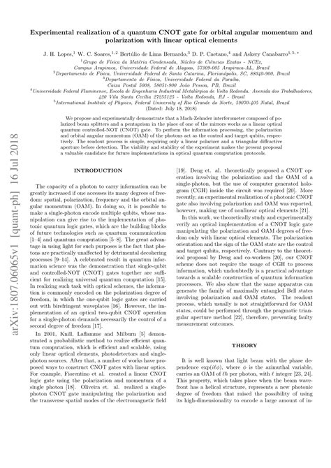 Pdf Experimental Realization Of A Quantum Cnot Gate For Orbital Angular Momentum And