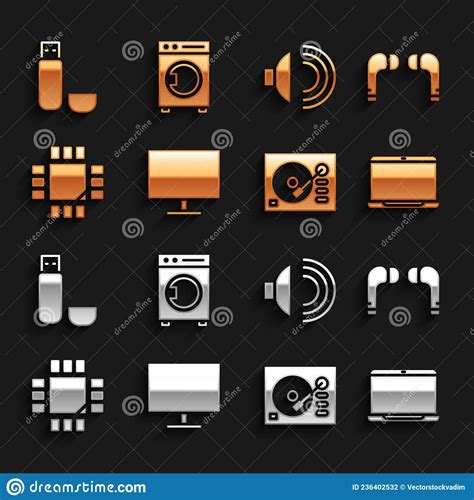 Set Computer Monitor Screen Air Headphones Laptop Vinyl Player