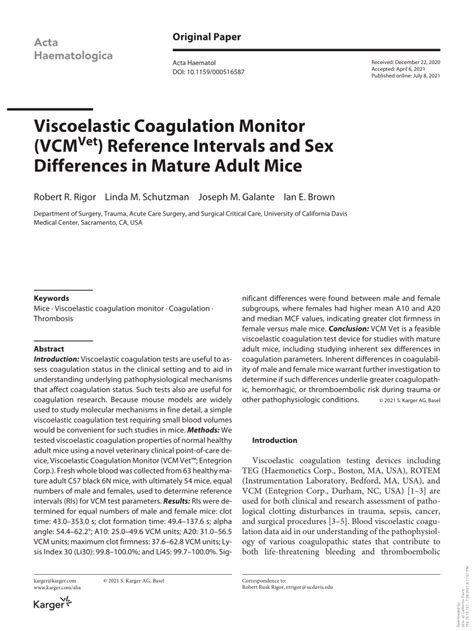 Pdf Viscoelastic Coagulation Monitor Vcmvet Reference Intervals And