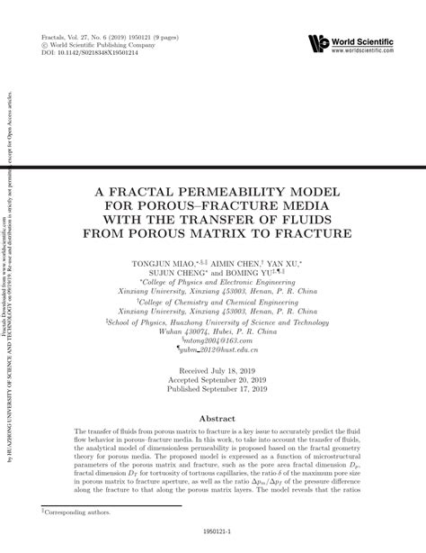 Pdf A Fractal Permeability Model For Porousfracture Media With The