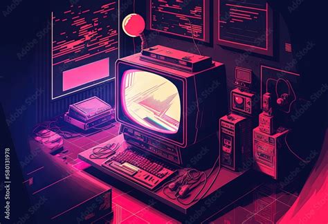 Retrowave Gaming Theme In Style Of 80s Arcade Gaming Club Gaming Console Generative Ai Stock