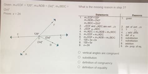 Solved Given M∠ Edf120° M∠ Adb3xcirc M∠ Bdc What Is The Missing