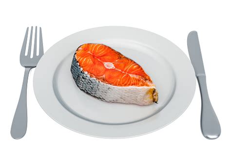 포크와 나이프접시에 생 연어 스테이크 흰색 배경에 고립 된 3d 렌더링 3차원 형태에 대한 스톡 사진 및 기타 이미지 3차원 형태 개념 개념과 주제 Istock