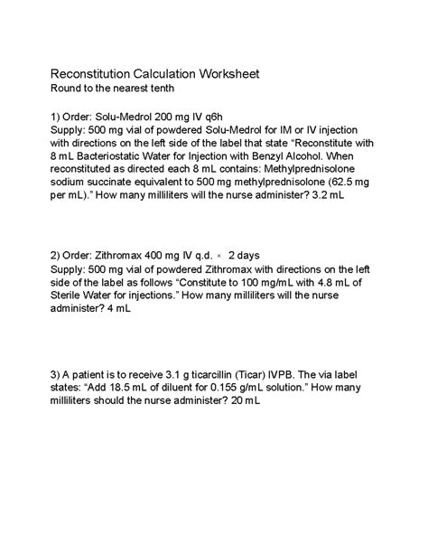 Student Reconstitution Calculation Worksheet Reconstitution