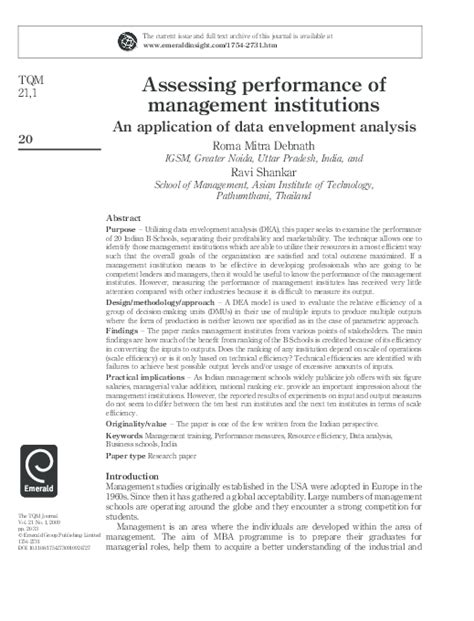 Pdf Assessing Performance Of Management Institutions An Application