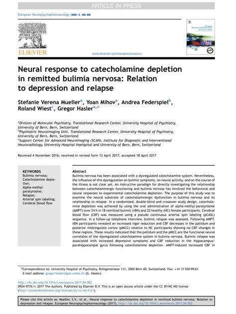 Pdf Neural Response To Catecholamine Depletion In Remitted Bulimia Nervosa Relation To