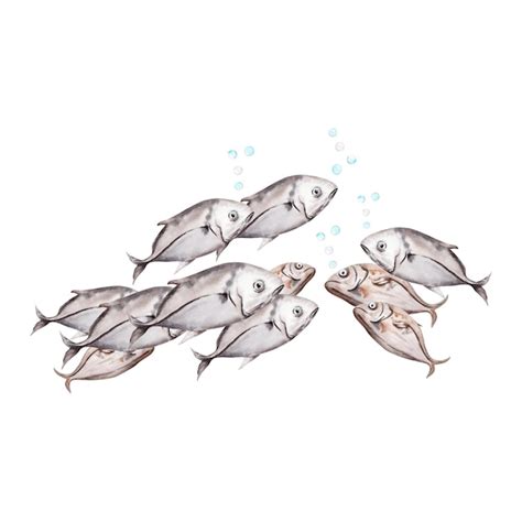 Um Cardume De Peixes Nadando Juntos Ilustração De Aquarela Desenhada à