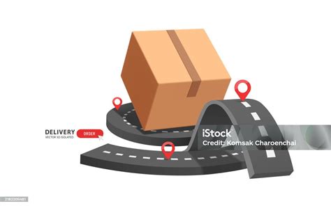 구부러진 도로 또는 길에 소포 상자 또는 판지 상자 위치 트럭이 그것을 픽업하여 빨간색 마커 표시 배송 위치 및 벡터 3d 운송을 위해 격리 된 고객에게 전달하기를