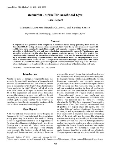 Pdf Recurrent Intrasellar Arachnoid Cyst Case Report