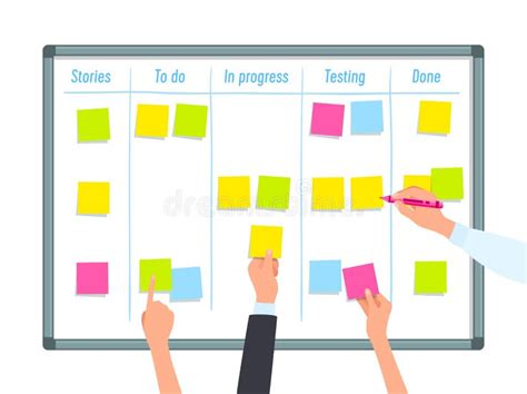 Scrum Task Board Work Process Notes On Whiteboard Stock Vector