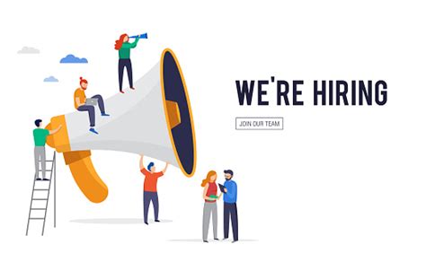 우리의 팀에 가입 우리는 이미지 거 대 한 음성 거품을 가진 젊은이의 그룹의 개념 벡터 일러스트 레이 션을 고용 개념에 대한 스톡 벡터 아트 및 기타 이미지 Istock