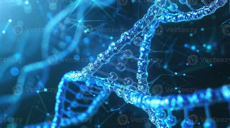 Close Up View Of A Blue Dna Double Helix Structure With Glowing Particles And Connections In A