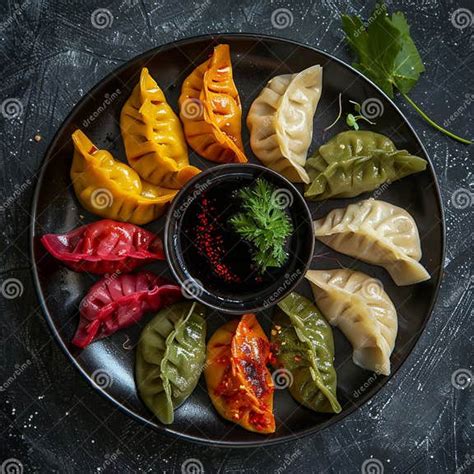 Assorted Colorful Dumplings On A Dark Plate With Spicy Dipping Sauce
