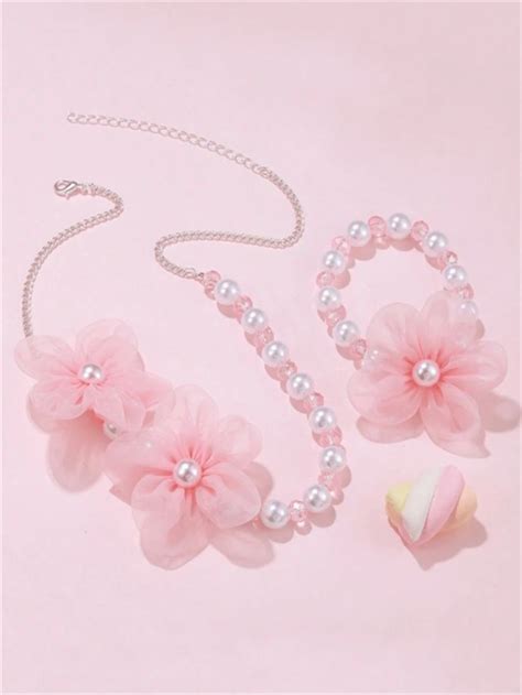 2pcs Set Pink Chiffon Floral Pearl Handmade Beaded Necklace And Bracelet