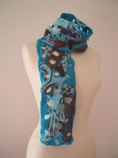 Turquoise And Rust Nuno Mosaic Scarf Nuno Felt Scarf Nuno Felting