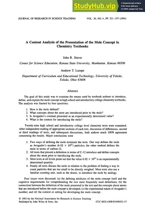 A Content Analysis Of The Presentation Of The Mole Concept In Chemistry Textbooks Pdf