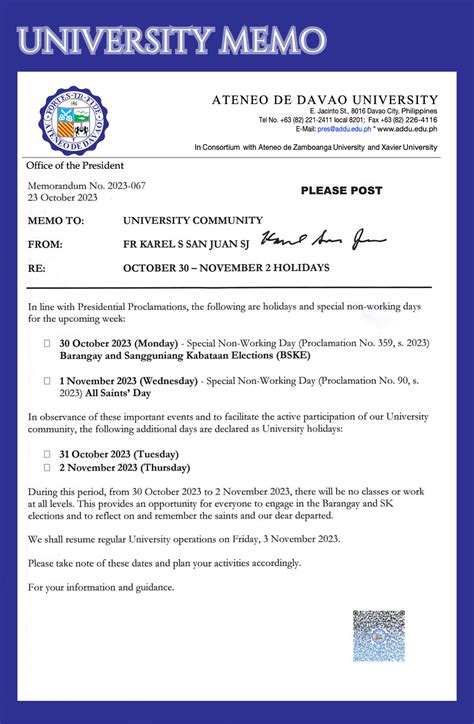 university memo october 30 november 2 holidays grade school ateneo de davao university