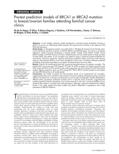 Pdf Pre Test Prediction Models Of Brca1 Or Brca2 Mutation In Breast Ovarian Families Attending