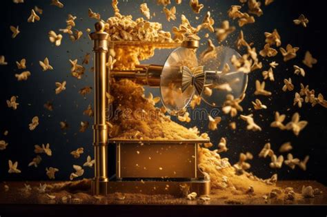 A Close Up Of A Popcorn Machine With Popcorn Kernels Popping And Flying Out Of The Machine