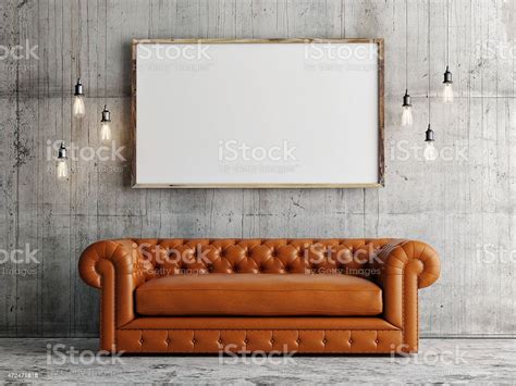 모의 바라요 포스터 가죽 소파 콘크리트 벽 배경 3d 일러스트 2015년에 대한 스톡 사진 및 기타 이미지 2015년 가구 가리키기 Istock