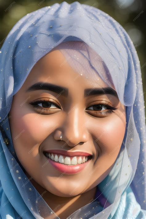 행복 한 아름 다운 여자 종교적 착용 베일 히잡 미소의 아시아 이슬람 아랍 초상화 프리미엄 사진