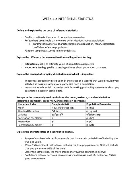 Week 11 Research Unit Lecture Notes Week 11 Week 11 Inferential Statistics Define And