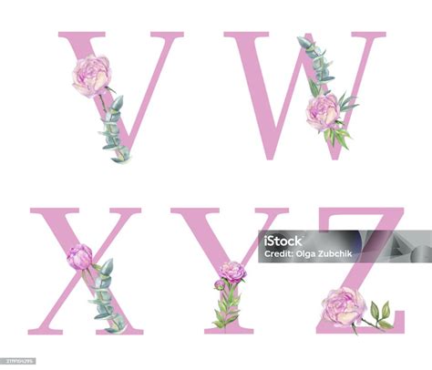 대문자는 수채화 Flowers 요소로 Vwxyz를 디자인합니다 보육 알파벳 더스티 장미 부드러운 빛 홍당무 모란 분홍색 꽃 유칼립투스 잎 아이 샤워 디자인 안내장을 위한