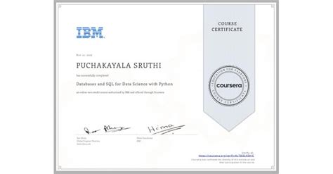 Completion Certificate For Databases And Sql For Data Science With Python Sruthi Puchakayala