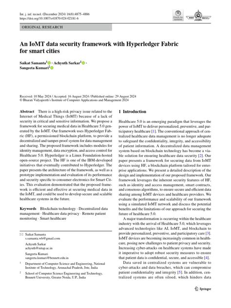 An Iomt Data Security Framework With Hyperledger Fabric For Smart Cities Pdf Internet Of