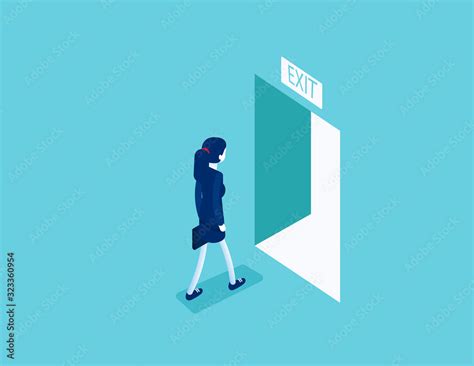 Woman Walking To The Exit Through An Open Door Escape Route Concept Isometric Vector Style