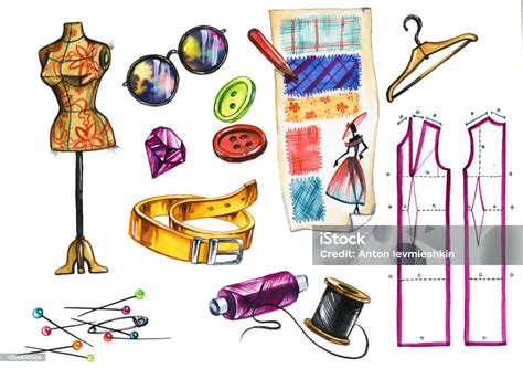 바느질 워크샵 액세서리 손으로 그린 수채화 일러스트 세트 허리띠에 대한 스톡 벡터 아트 및 기타 이미지 허리띠 패션 배경