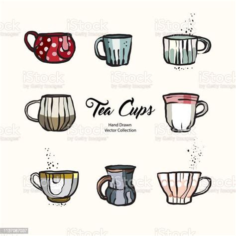 차 컵 손으로 그린 벡터 일러스트 레이 션 세트 오래 된 스타일입니다 카페 메뉴 로고 배너 레트로 손으로 그린 스타일에 대 한