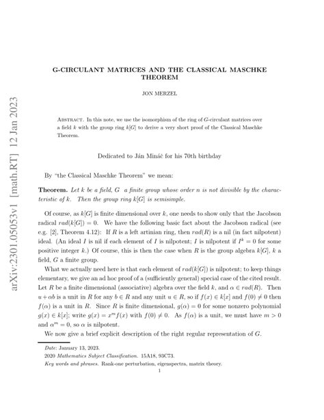 Pdf G Circulant Matrices And The Classical Maschke Theorem