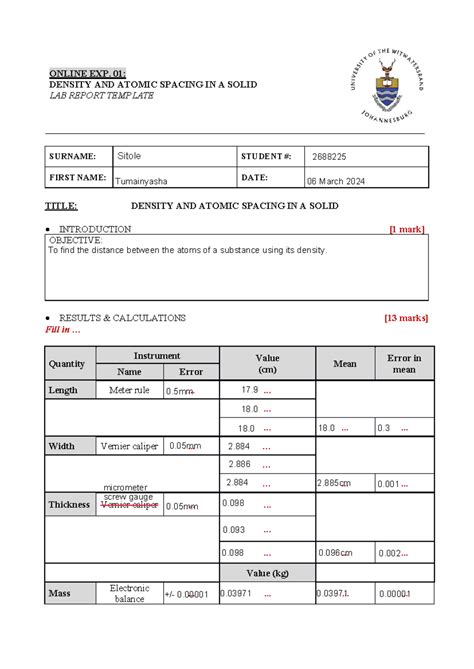 EXP Atomic Spacing Lab Report ONLINE EXP DENSITY AND ATOMIC SPACING IN A SOLID LAB