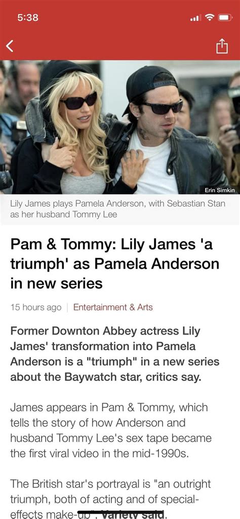 Erin Simkin Lily James Plays Pamela Anderson With Sebastian Stan As Her Husband Tommy Lee Pam