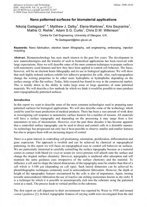 Nano Patterned Surfaces For Biomaterial Applications Scientificnet