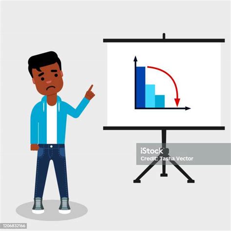 젊은 아프리카계 미국인은 감소 그래프를 가리키는 플립 차트 근처에 서있다 부정적인 추세 개념입니다 가공의 인물에 대한 스톡 벡터 아트 및 기타 이미지 Istock