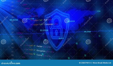 security padlock and shield icon and stock market data processing over