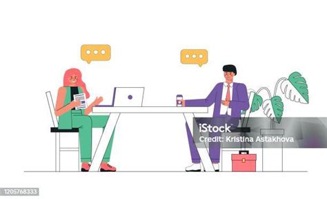 면접 구직 중 남녀 구인 및 Hr 관리자는 방에 사무실 테이블에 앉아 직원들은 기업의 빈 자리에 대해 논의하고 직원의 이력서를 연구합니다 취업 면접에 대한 스톡 벡터 아트