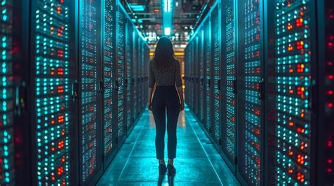 Premium Photo Feamle Engineer Standing In Big Database Server Room