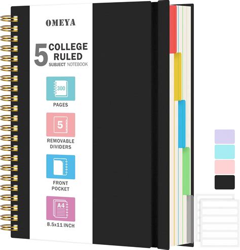 Spiral Notebook 8 5 X 11 5 Subject Notebooks College Ruled With Removable