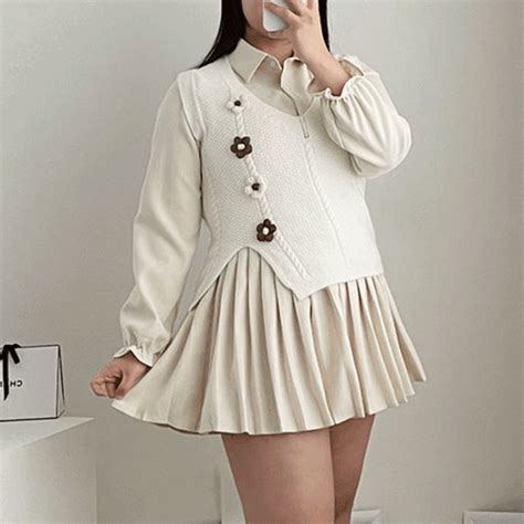 셔츠원피스타이조끼세트 카라넥 셔츠 플리츠 원피스 플라워 니트 조끼 투피스 세트 에이블리