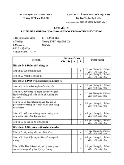 Bieu_mau_01_Phieu_tu_danh_gia_cua_giao_vien_Co_So_giao_duc | PDF